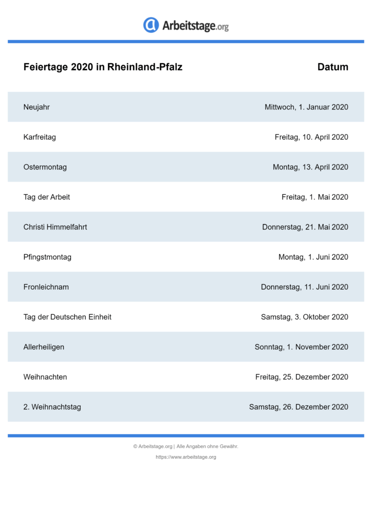 Feiertage 2020 in Rheinland-Pfalz • Termine & Infos