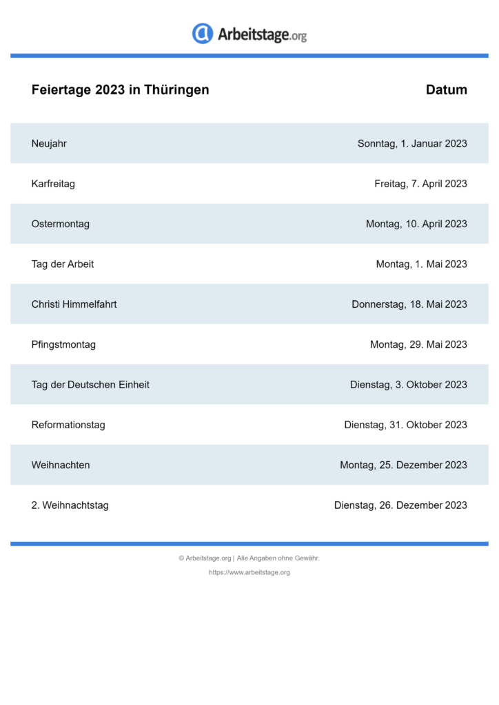 Feiertage In Thringen 2023