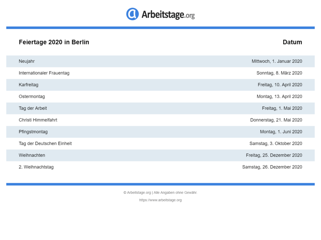 Feiertage 2020 in Berlin • Termine & Infos