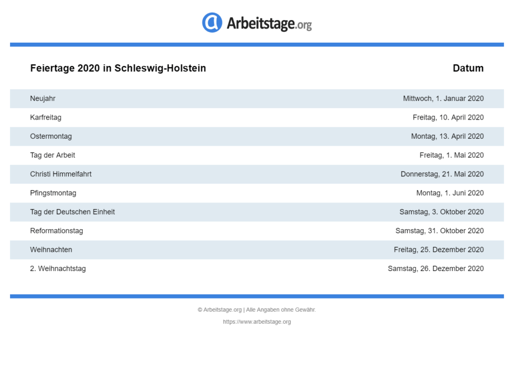 Feiertage 2020 in Schleswig-Holstein • Termine & Infos