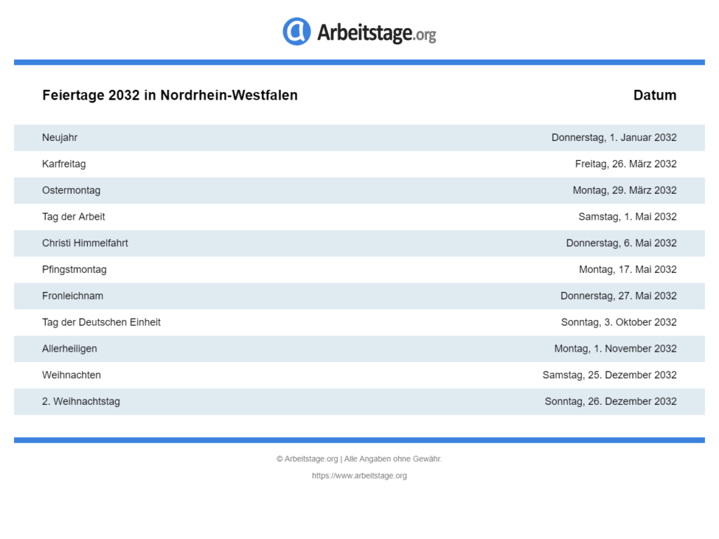 Feiertage 2032 in Nordrhein-Westfalen • Termine & Infos